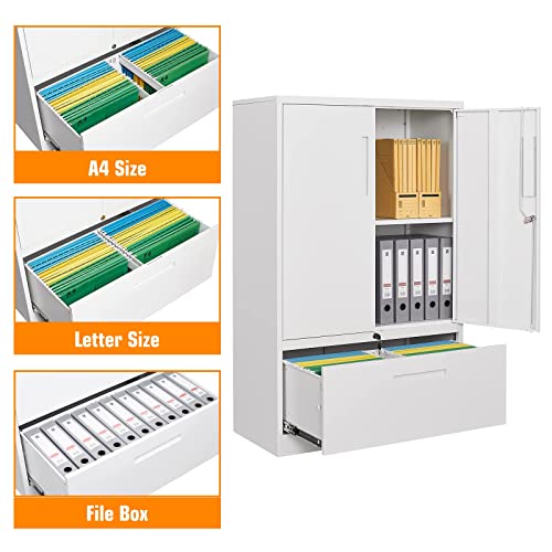 ZAOUS File Cabinet 1 Drawer, Metal File Cabinet with Lock, Lateral Filing Cabinet with Doors & Adjustable Shelves for Home Office, Living Room, Pantry, Gym, Basement, Warehouse, White