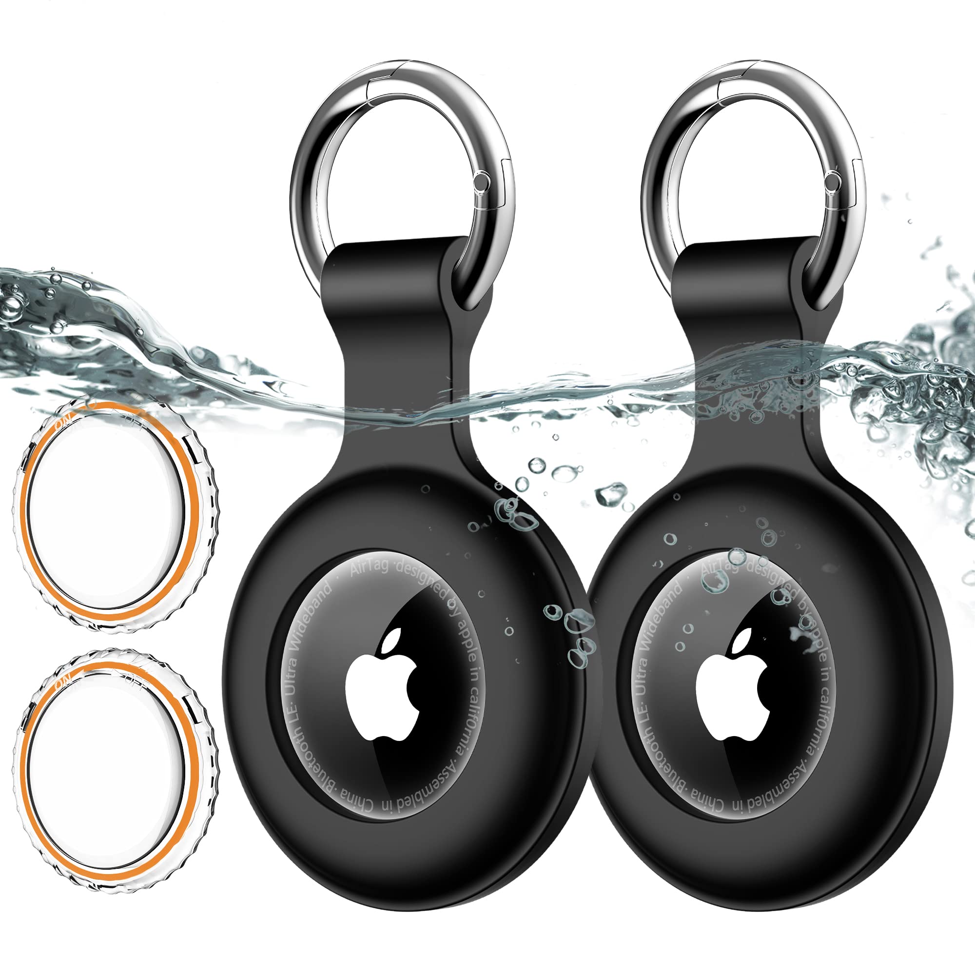 2 Pack,IPX8 Waterproof Airtag Holder [PC+Silicone] with Air Tag Keychain for Apple Air Tags,Full Body Shockproof [Anti-Scratch] Air-tags GPS Item Finders Case for Pets,Bags,Kids,Keys,Luggage-Black