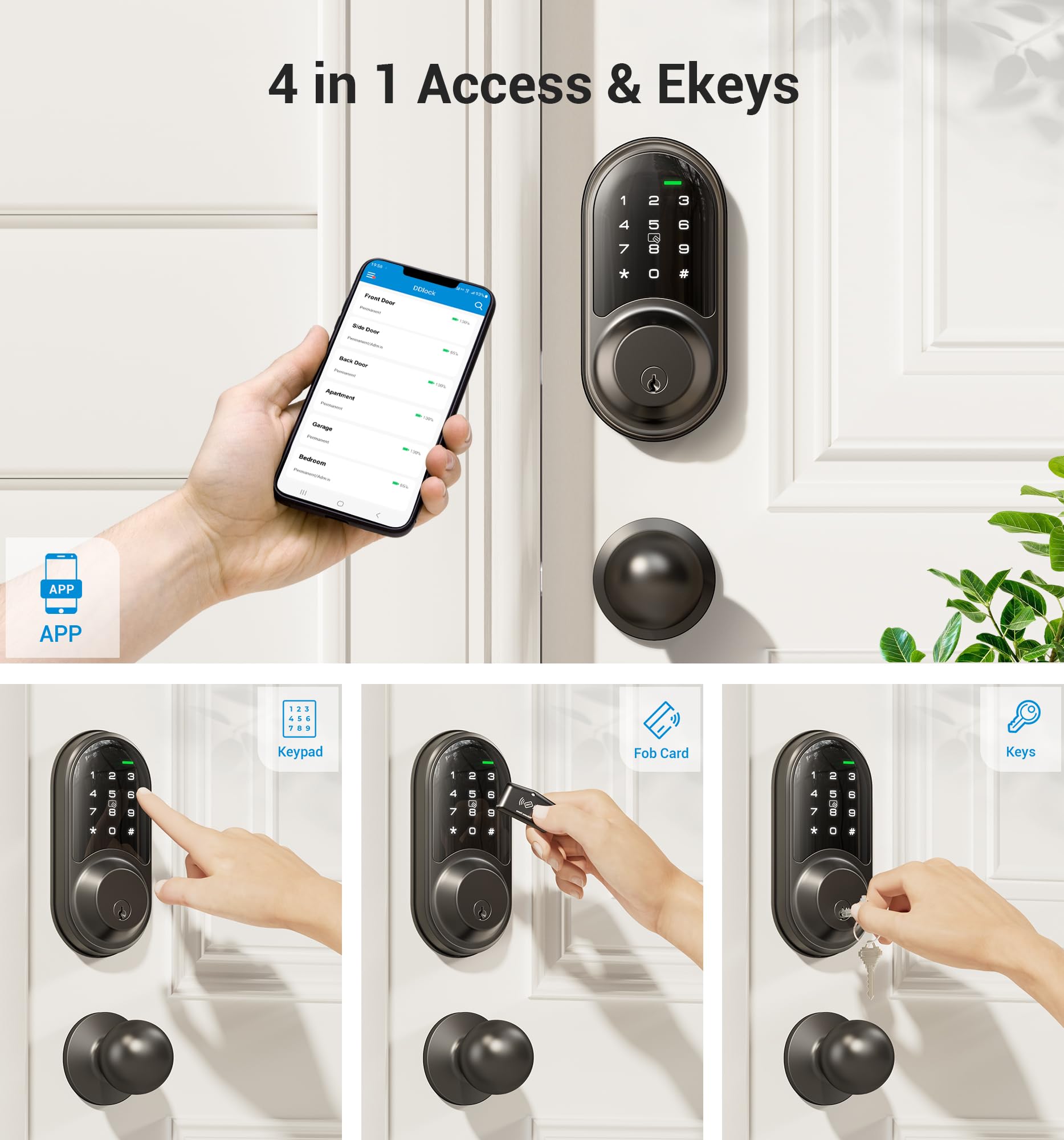 Veise Smart Locks for Front Door, 2 Knob Handle Set, Keyless Entry Deadbolt, App Control, Electronic Touchscreen Digital Keypad, Auto Lock, Easy Installation, IP54 Waterproof, Matte Black