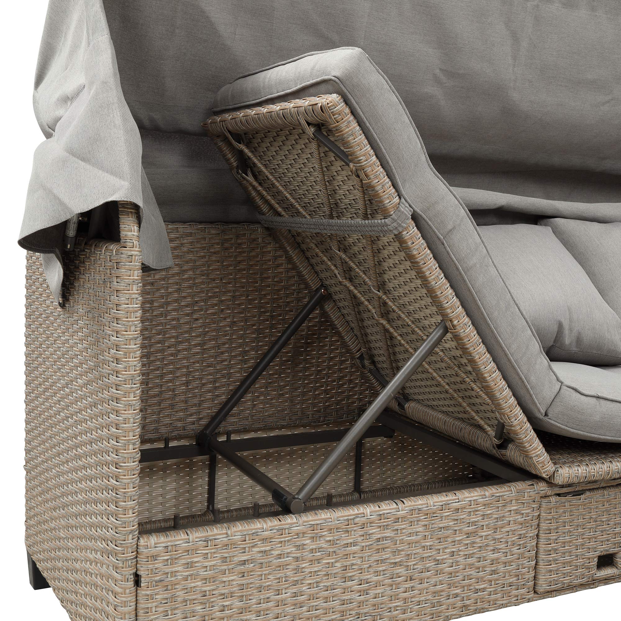 All-Weather Outdoor PE Wicker Sunbed Daybed with Retractable Canopy, UV-Resistant Patio Sectional Sofa Set with Cushions and Lifting Table for Lawn Garden Backyard Poolside