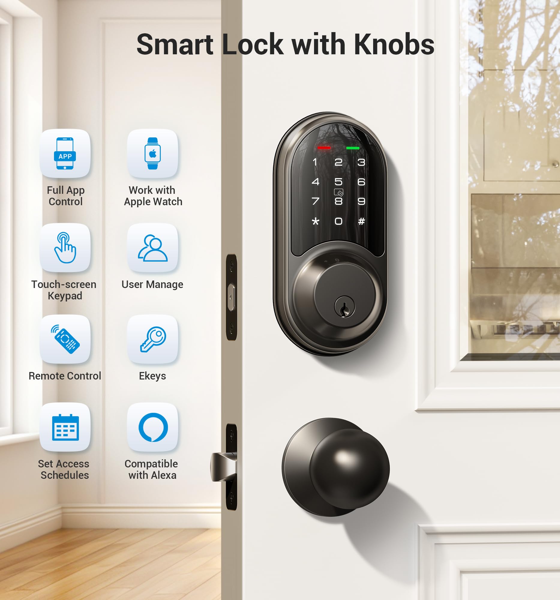 Veise Smart Locks for Front Door, 2 Knob Handle Set, Keyless Entry Deadbolt, App Control, Electronic Touchscreen Digital Keypad, Auto Lock, Easy Installation, IP54 Waterproof, Matte Black