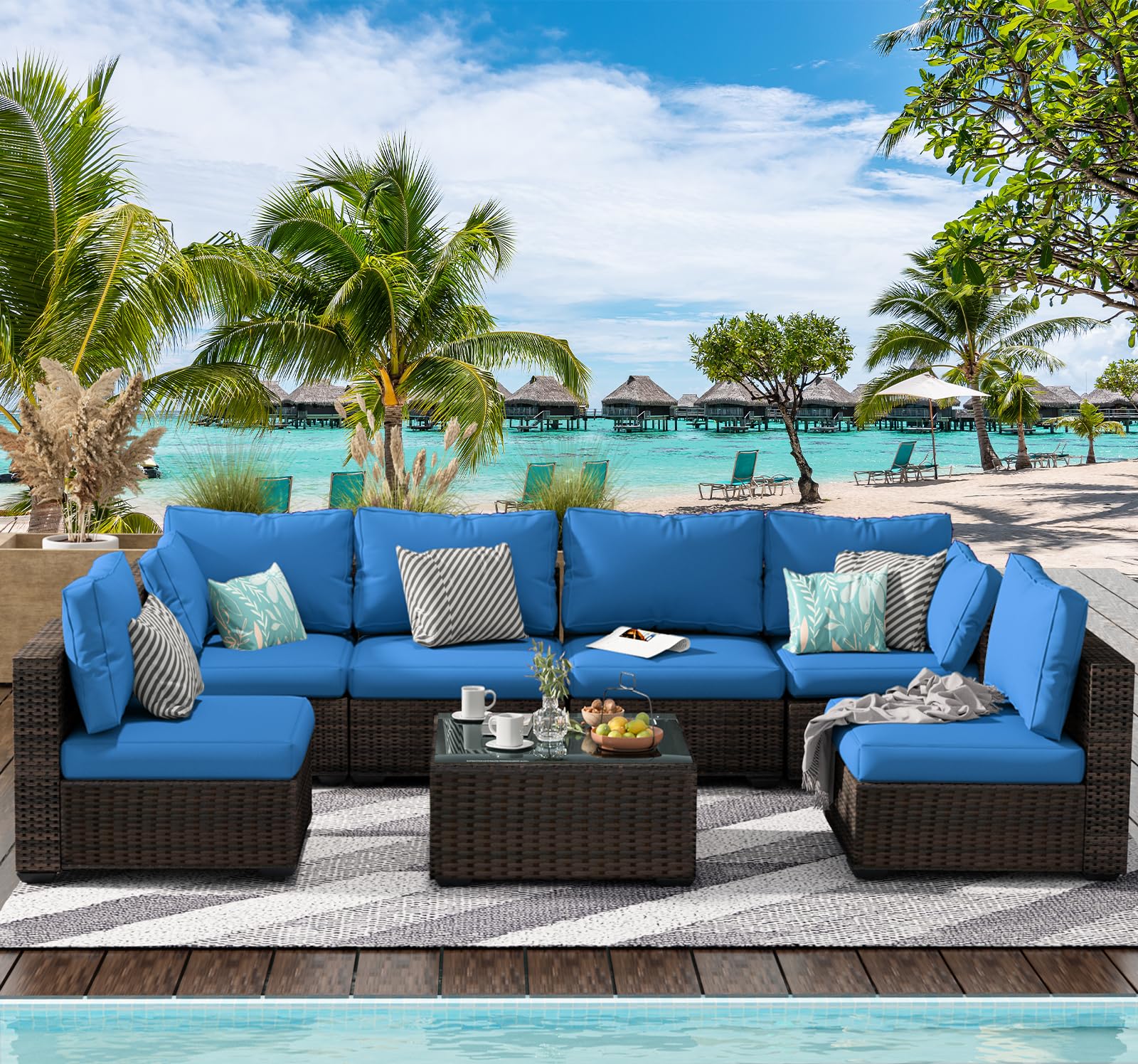 gaildon Patio Furniture Set 7 Piece Outdoor Wicker Sectional Sofa - All Weather PE Rattan Couch Conversation Set with Cushion & Glass Top Table for Backyard Deck Porch, Blue