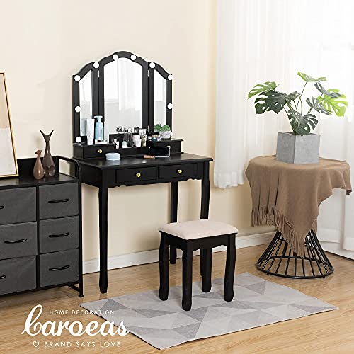 Caroeas Vanity, Tri-Fold Makeup Vanity with Mirror, Lights and Padded Vanity Stool, Solid Wooden Vanity Set, 4 Drawers, 2 Brush Slots and 2 Open Compartments, Black Vanity Table