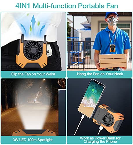 FANCYWING Portable Waist Clip Fan,4 In 1 Personal Necklace Cooling Fan with Flashlight, Belt Fan Support Hanging Neck,USB Rechargeable Fan,3 Speeds Wearable Fan for Working Camping Hikingā¦