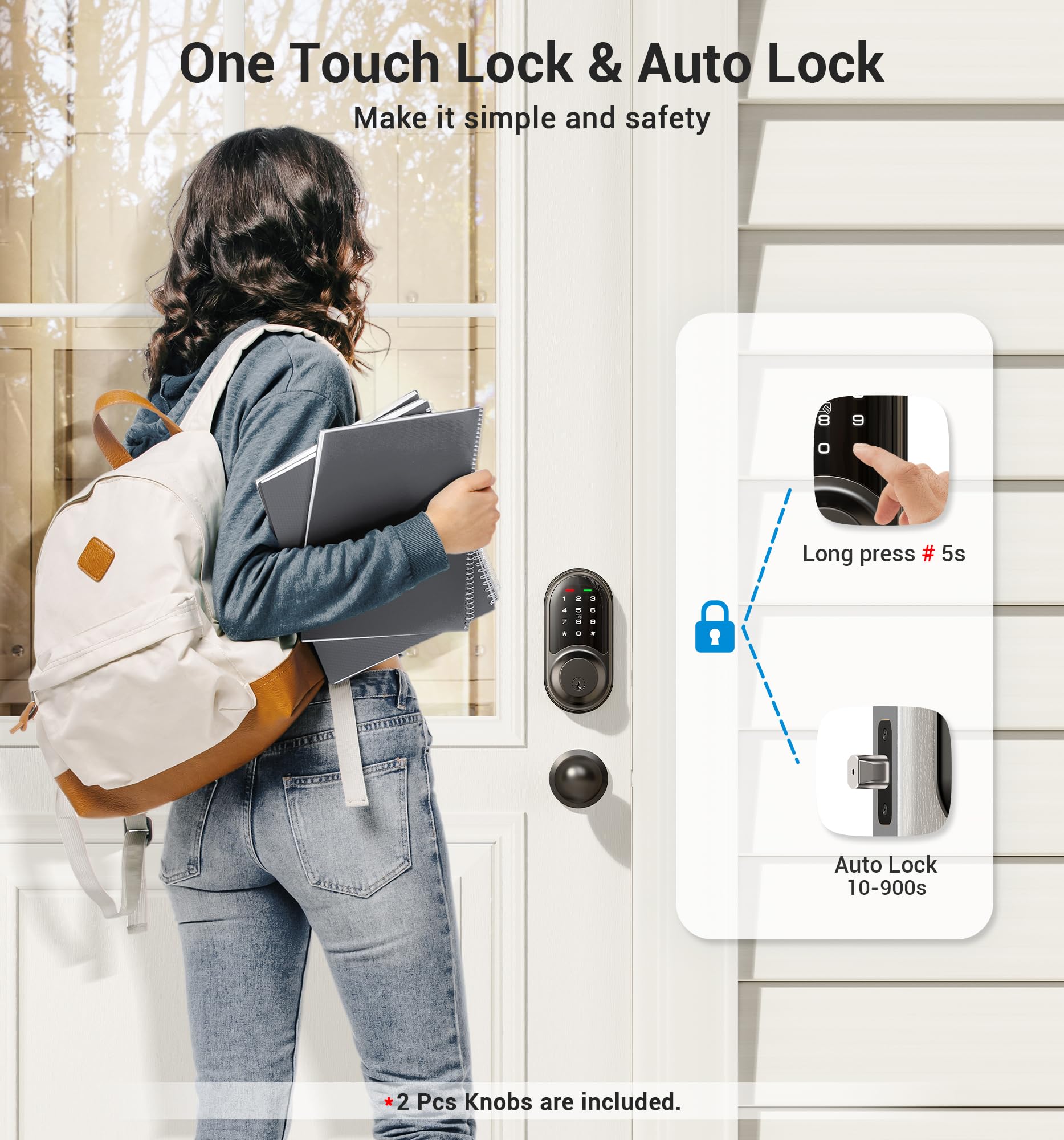 Veise Smart Locks for Front Door, 2 Knob Handle Set, Keyless Entry Deadbolt, App Control, Electronic Touchscreen Digital Keypad, Auto Lock, Easy Installation, IP54 Waterproof, Matte Black