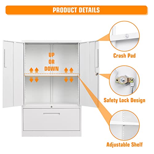 ZAOUS File Cabinet 1 Drawer, Metal File Cabinet with Lock, Lateral Filing Cabinet with Doors & Adjustable Shelves for Home Office, Living Room, Pantry, Gym, Basement, Warehouse, White
