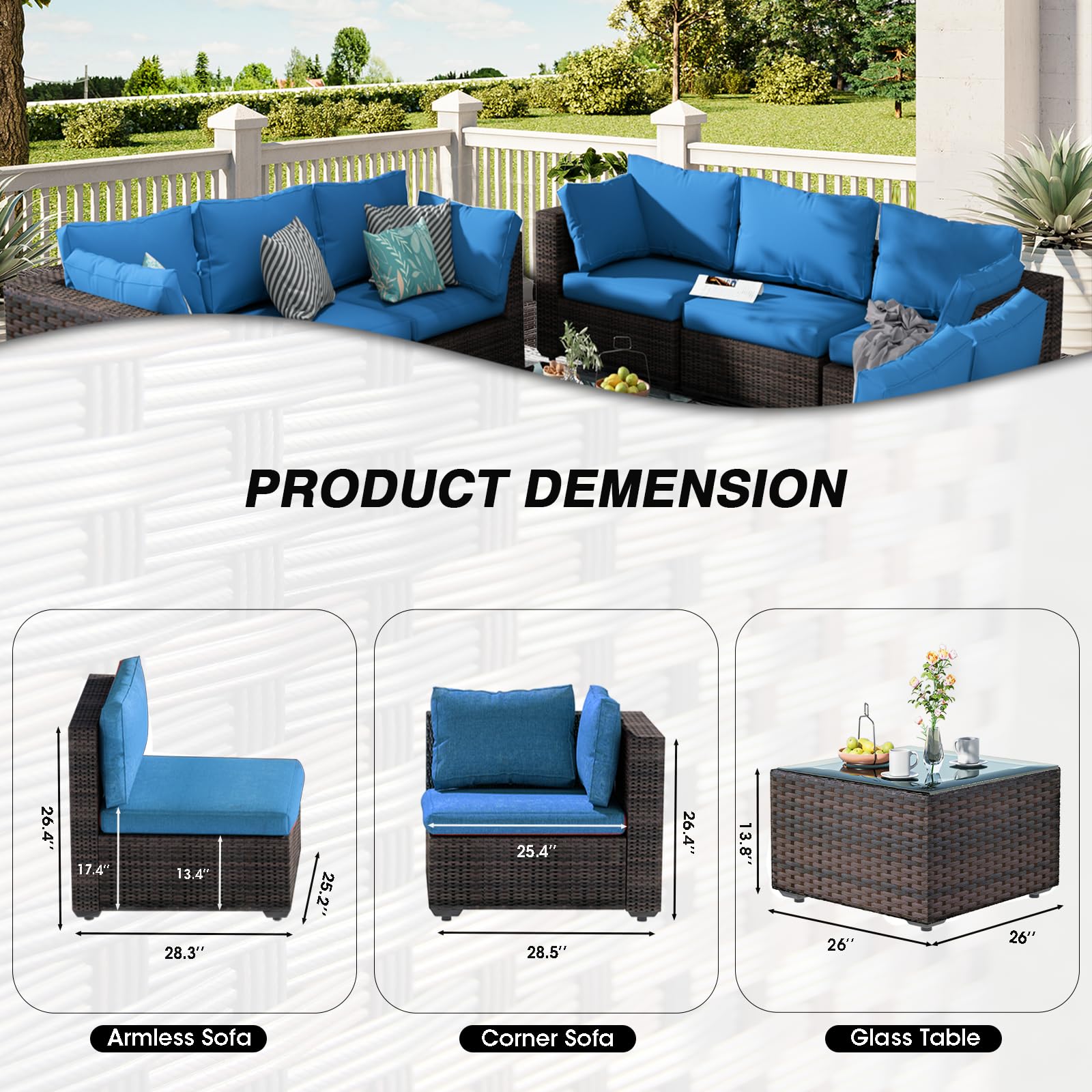 gaildon Patio Furniture Set 7 Piece Outdoor Wicker Sectional Sofa - All Weather PE Rattan Couch Conversation Set with Cushion & Glass Top Table for Backyard Deck Porch, Blue