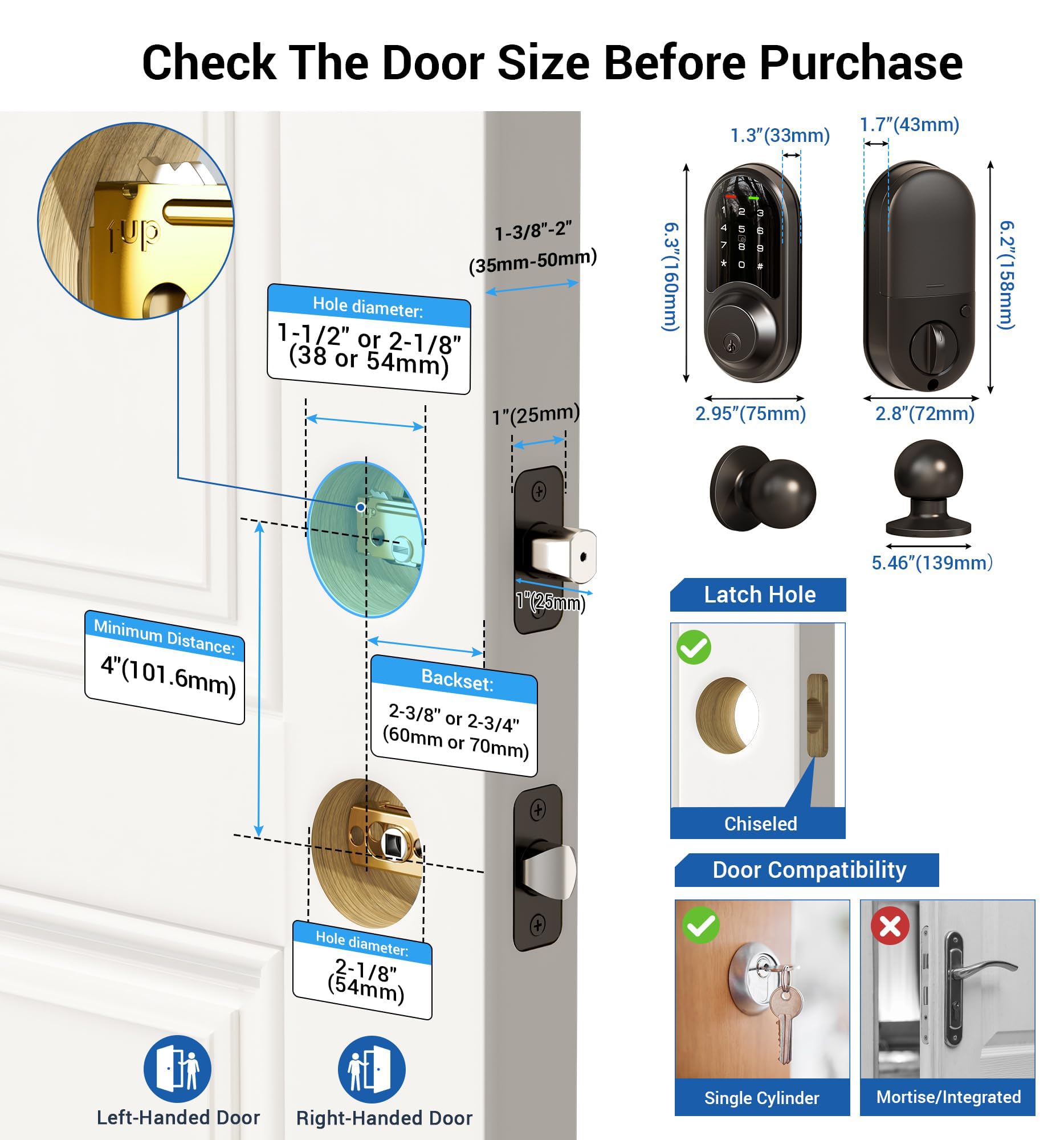 Veise Smart Locks for Front Door, 2 Knob Handle Set, Keyless Entry Deadbolt, App Control, Electronic Touchscreen Digital Keypad, Auto Lock, Easy Installation, IP54 Waterproof, Matte Black