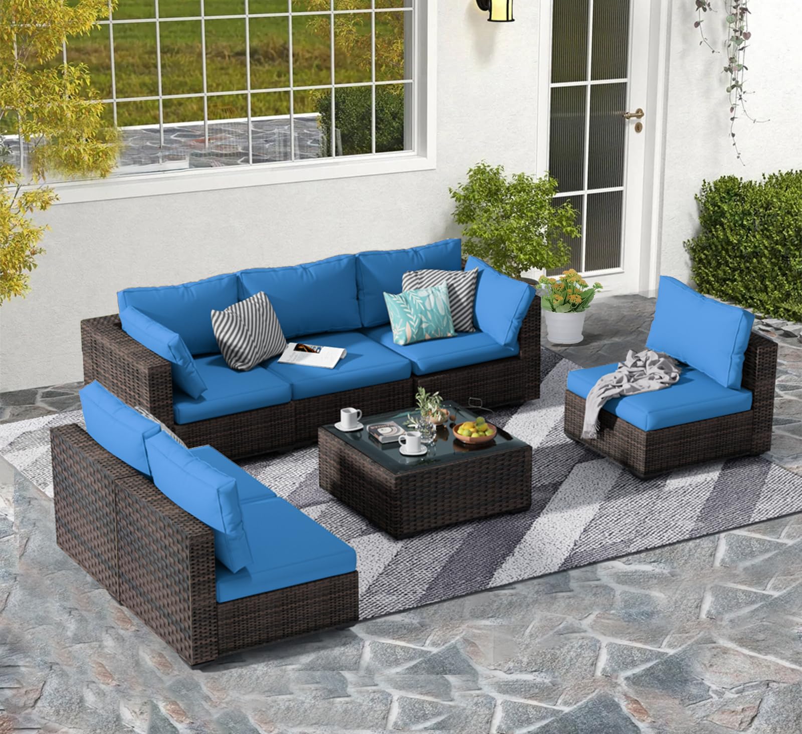 gaildon Patio Furniture Set 7 Piece Outdoor Wicker Sectional Sofa - All Weather PE Rattan Couch Conversation Set with Cushion & Glass Top Table for Backyard Deck Porch, Blue