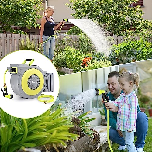 Bietor Retractable Garden Hose Reel 1/2 Inch x 130 ft + 6 ft, Wall Mounted Water Hose Reel, with 9 Pattern Hose Nozzle, Slow Return System, Any Length Lock, 180°Swivel Bracket