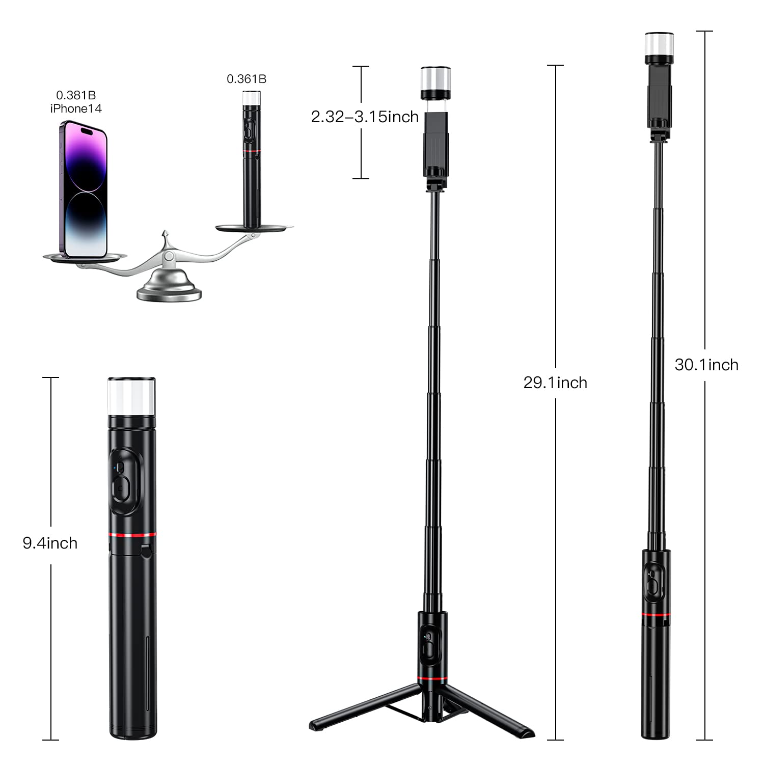 Selfie Stick Tripod with Detachable Wireless Remote, ESSAGER 30" Portable Foldable Mini Selfie Stick & Phone Tripod Stand Compatible with iPhone/Android for Travel (White)