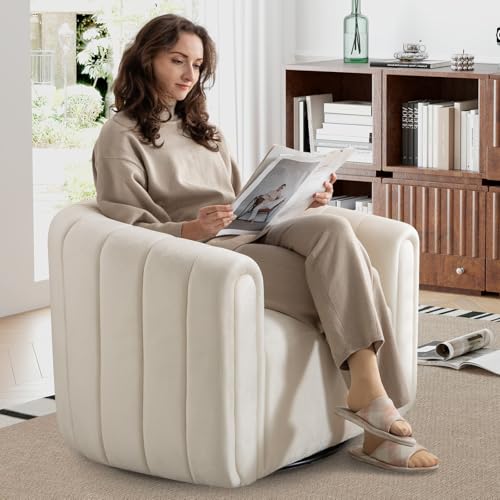 ANJ Swivel Barrel Chair Set of 2 with Plump Pillow, Modern Channel Dutch Velvet Accent Chair, Comfy Round Armchair, Swivel Accent Chair for Nursery Living Room Bedroom (Beige)
