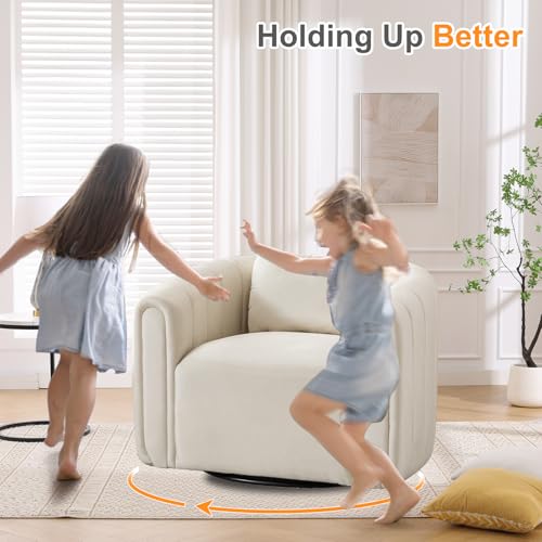 ANJ Swivel Barrel Chair Set of 2 with Plump Pillow, Modern Channel Dutch Velvet Accent Chair, Comfy Round Armchair, Swivel Accent Chair for Nursery Living Room Bedroom (Beige)