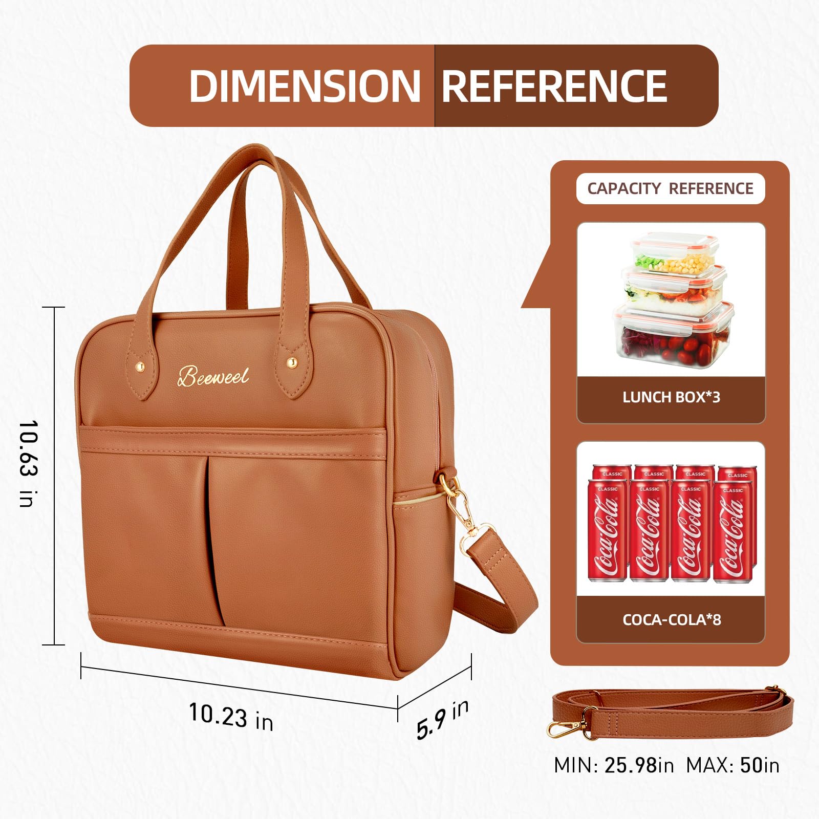 BEEWEEL Lunch Bag for Wome,PU Leather Lunch Tote Bag with Adjustable Shoulder Strap, Large Capacity, Insulated Lunch Bags for Work, Picnic, Camping -Brown