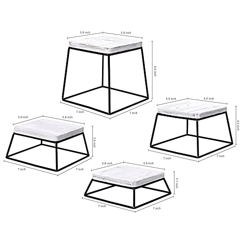 MyGift Cake Display Stand, Whitewashed Wood & Black Metal Square Cupcake Stands Dessert Risers/Retail Display Pedestals, Set of 4