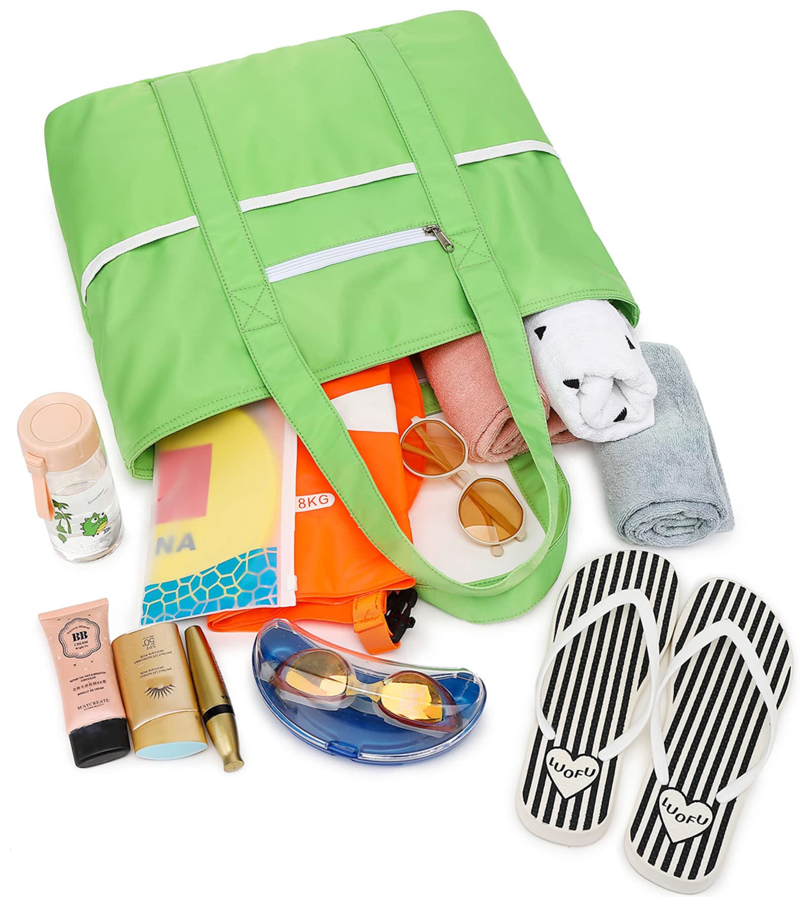 LEDAOU Large Beach Tote Bag Women Beach Bag Waterproof Sandproof Pool Bag with Zipper Travel Gym Tote Bag (Green)