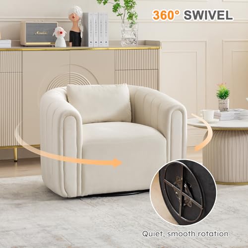 ANJ Swivel Barrel Chair Set of 2 with Plump Pillow, Modern Channel Dutch Velvet Accent Chair, Comfy Round Armchair, Swivel Accent Chair for Nursery Living Room Bedroom (Beige)