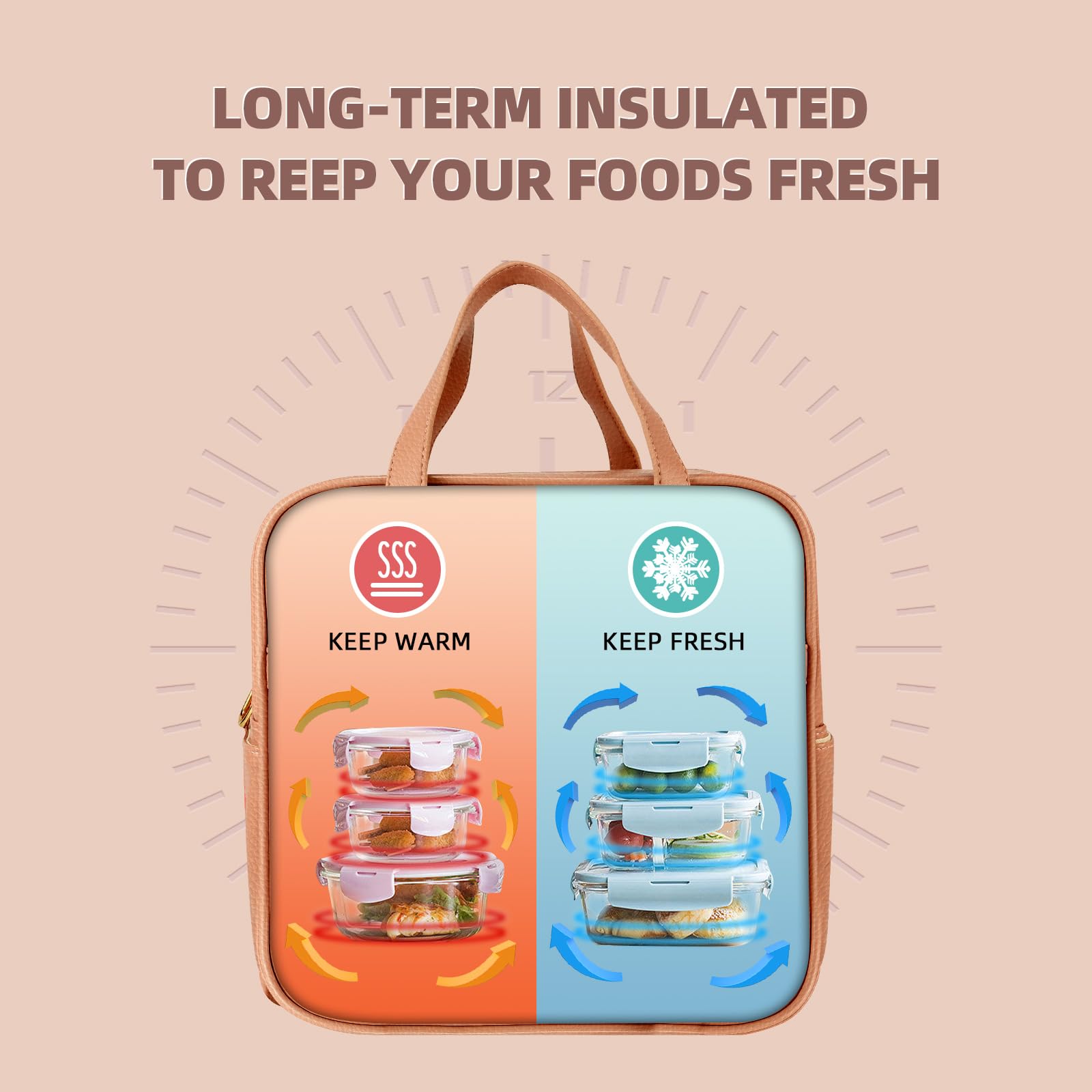 BEEWEEL Lunch Bag for Wome,PU Leather Lunch Tote Bag with Adjustable Shoulder Strap, Large Capacity, Insulated Lunch Bags for Work, Picnic, Camping -Brown