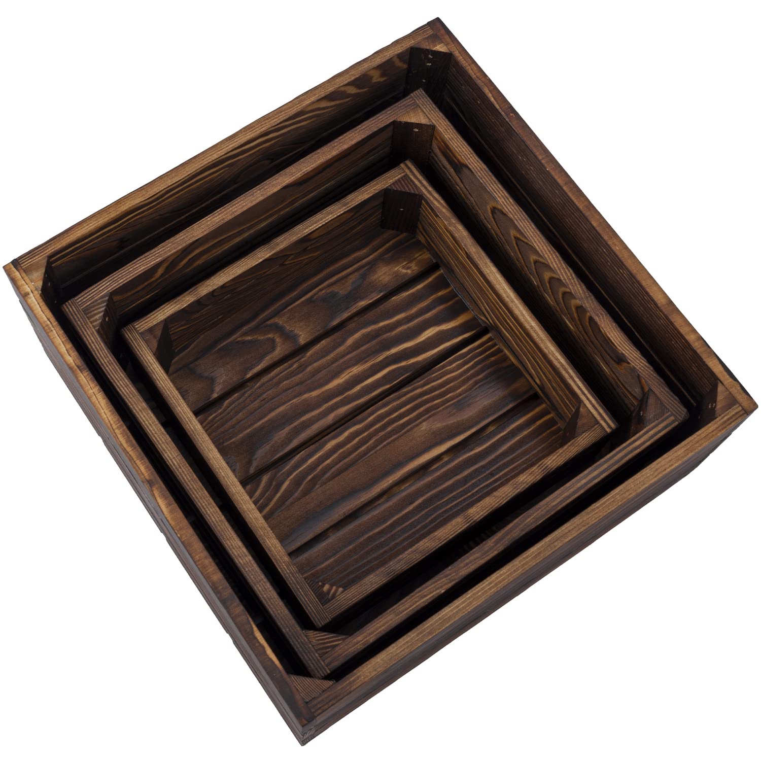 MyGift Rustic Burnt Dark Brown Solid Wood Reversible Stackable Display Box Riser Stands or Decorative Square Crate Style Nesting Storage Bins, 3-Piece Set