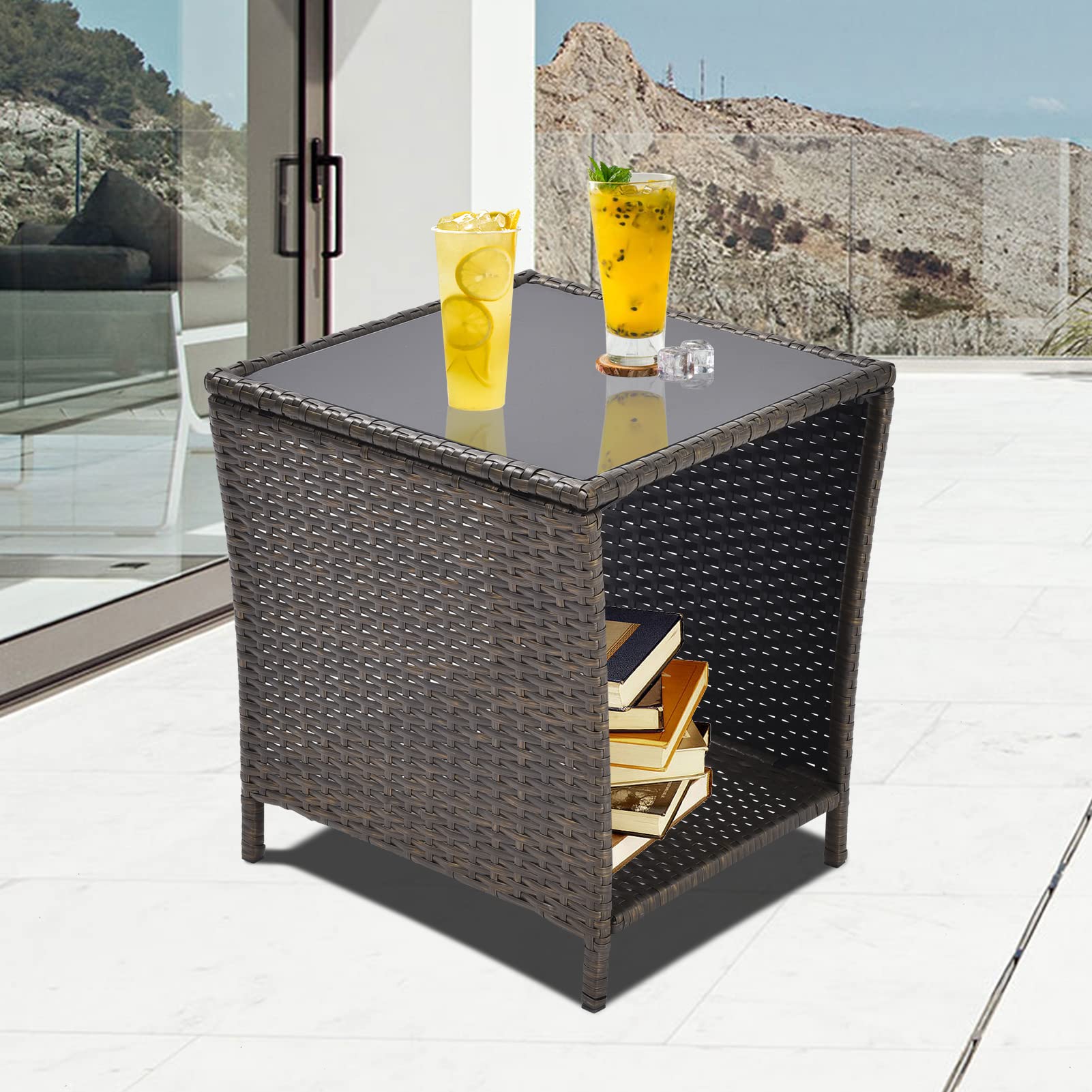 Koruiten Patio Wicker Storage Side Table,Outdoor PE Rattan Woven Coffee End Table with Tempered Glass Top for Indoor Outdoor Porch Lawn Poolside Garden Backyard Balcony(Dark Blonde)