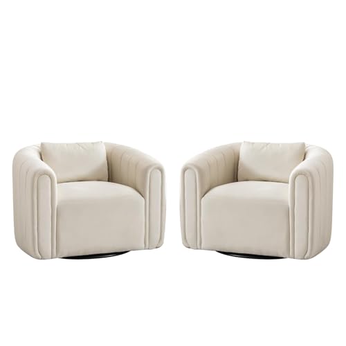ANJ Swivel Barrel Chair Set of 2 with Plump Pillow, Modern Channel Dutch Velvet Accent Chair, Comfy Round Armchair, Swivel Accent Chair for Nursery Living Room Bedroom (Beige)
