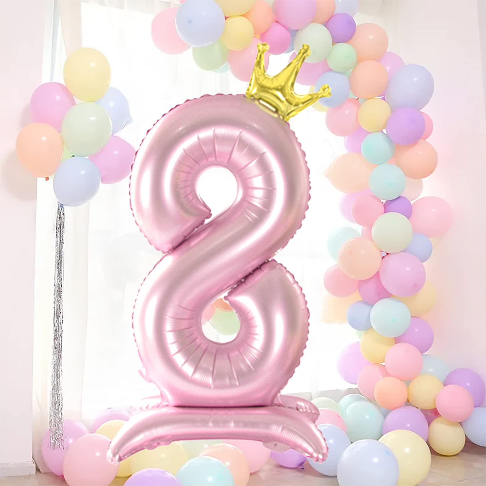 Tellpet Crown Pink Number 8 Balloon with Base For Girls 8th Birthday Party Decoration