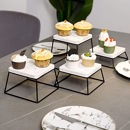 MyGift Cake Display Stand, Whitewashed Wood & Black Metal Square Cupcake Stands Dessert Risers/Retail Display Pedestals, Set of 4