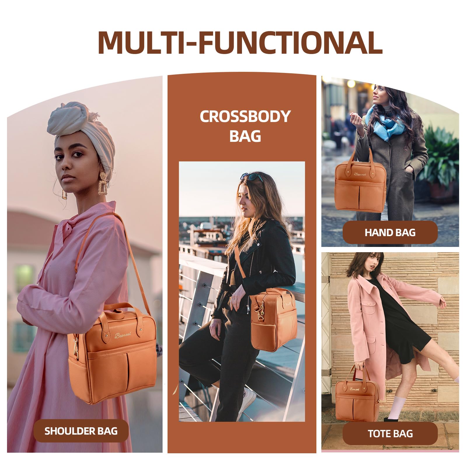 BEEWEEL Lunch Bag for Wome,PU Leather Lunch Tote Bag with Adjustable Shoulder Strap, Large Capacity, Insulated Lunch Bags for Work, Picnic, Camping -Brown
