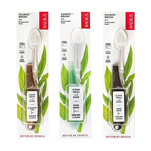 RADIUS Toothbrush Source Floss Brush BPA Free & ADA Accepted Improve Gum Health & Reduce Gum Issues - Soft - Hemp/Soda Pop Ecogrind/Coconut - Pack of 3