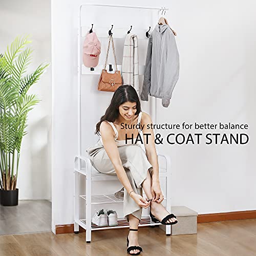 VIVOHOME 3-in-1 Entryway Hall Tree, Heavy Duty MDF Stand Coat Rack with Storage Bench and 8 Hooks, White