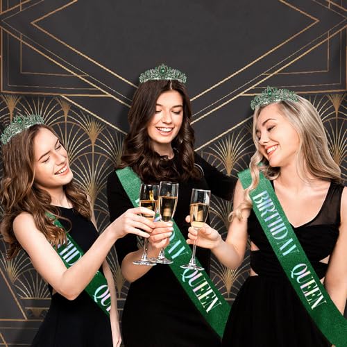 Green Tiara Sash Gifts with Rhinestone Crystal Headband - Princess Queen Crown Decorations and Accessories for Women