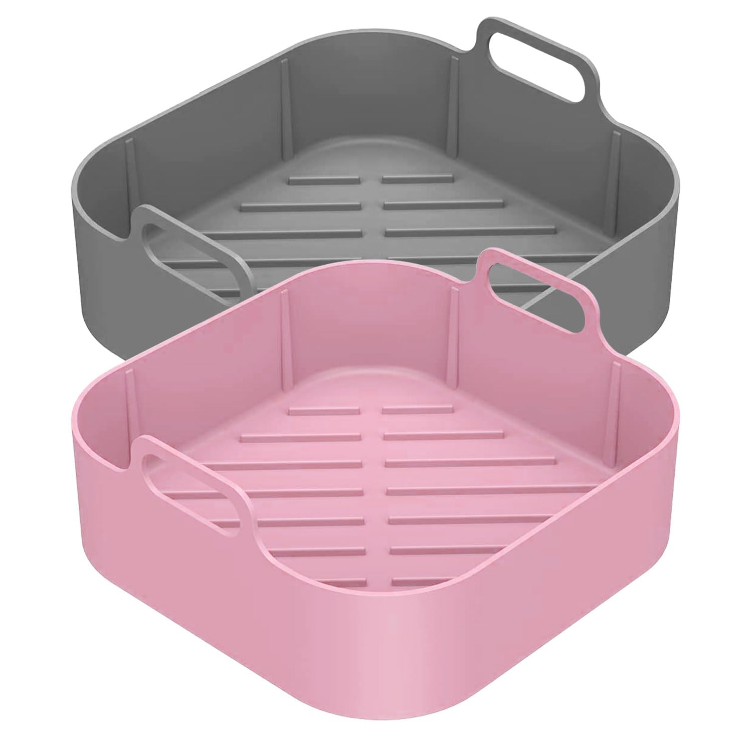 Silicone Air Fryer Basket Liners,2 PCS Reusable Square Air Fryer Liners,Air Fryer Silicone Baking Tray for 3.6 to 6.8 QT Oven Microwave Accessories(Pink + Gray)