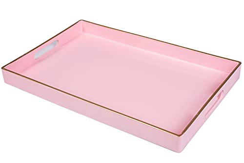 MAONAME Pink Serving Tray with Handles, Modern Decorative Tray for Coffee Table, Plastic Rectangular Tray for Ottoman, Bathroom, Decor, 15.75” x 10.2” x1.57