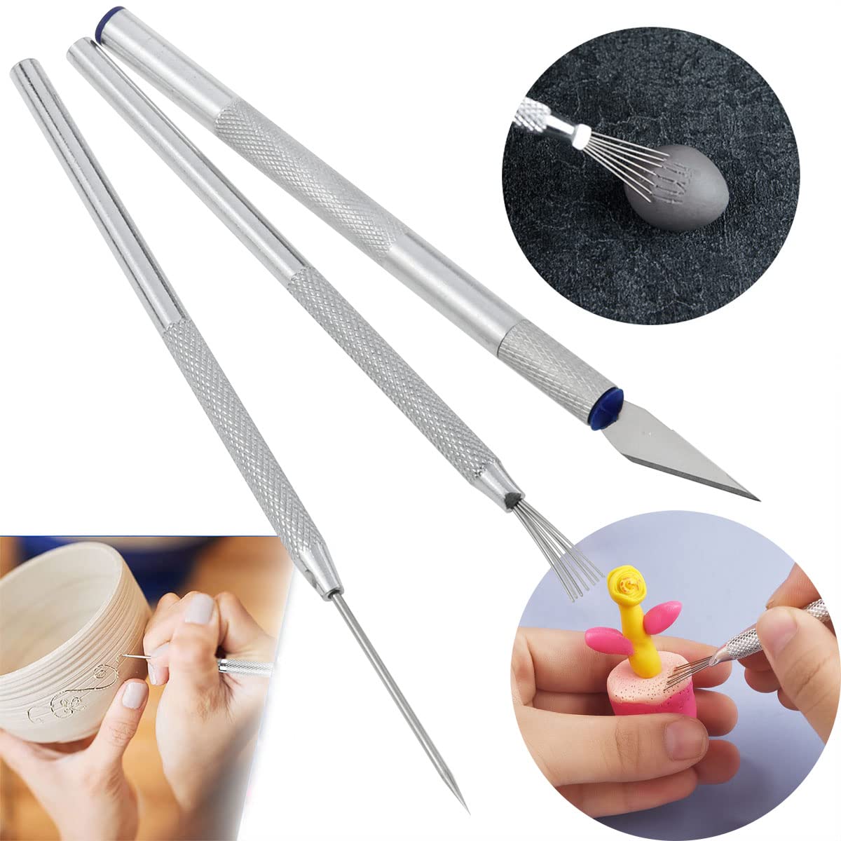 AYLIFU 3IN1 Sculpting Tool Set Clay Ceramic Needle Feather Wire Texture Tool Clay Ceramic Carving Knife for Pottery Modeling, Carving, Detail Processing (3-Piece Pack)