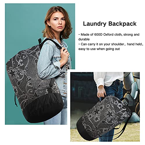 Floral Laundry Bag Backpack Large Oxford Cloth 14.5''x29.3'' Rips & Tears Resistant Dirty Clothes Storage Bag for Students Dorm Room Clothes Hamper Camping Backpack