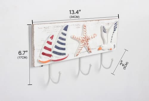 dwellington Beach Theme Towel Wall Mounted Hooks, Wood Coastal Starfish Seagull Key Holder Beach Themed Decor for Bathroom, Living Room, Bedroom
