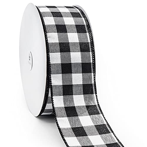 CT CRAFT LLC Plaid Cambridge Gingham Buffalo Wired Ribbon, 2.5" x 50 Yards x 1 Roll - Black with White, for Christmas, Home Decor, Gift Wrapping, Tree Topper Bow, Wreath, DIY Crafts