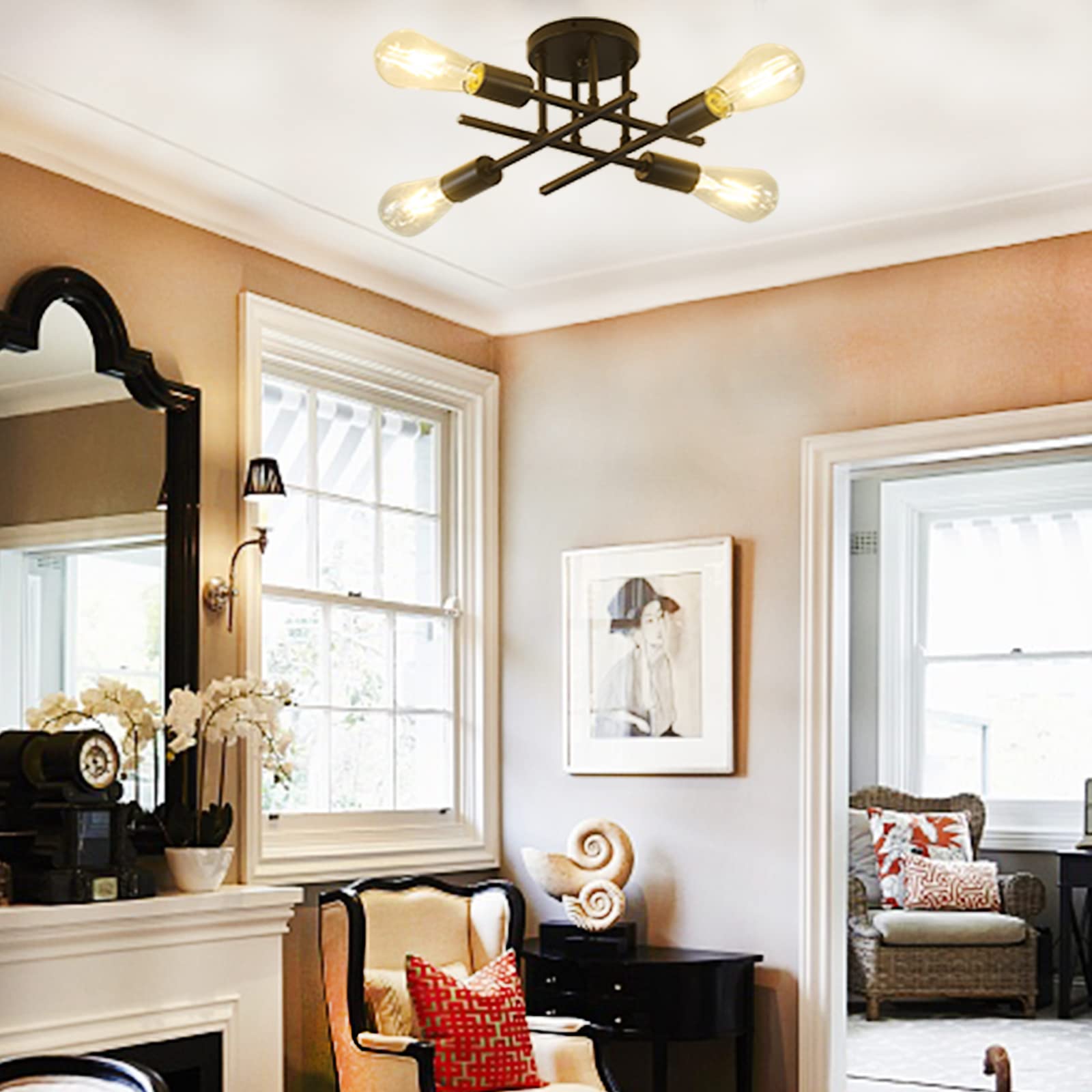 Giutna Modern Semi Flush Mount Ceiling Light Fixture,4-Light Farmhouse Light Fixtures Ceiling Mount,Industrial Chandelier Ceiling Lamp for Living Room Bedroom Kitchen Hallway,Bulb Not Included(Black)