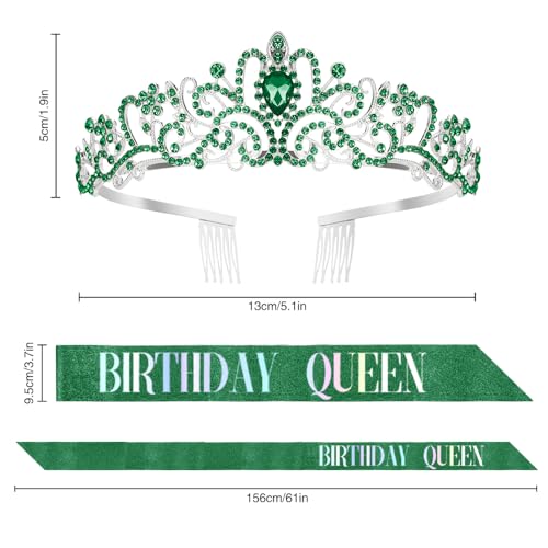 Green Tiara Sash Gifts with Rhinestone Crystal Headband - Princess Queen Crown Decorations and Accessories for Women