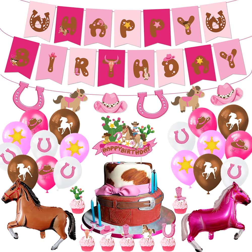Western Cowgirl Birthday Party Decorations, Retro Horse Rodeo Party Supplies for Girls Included Horse Shaped Foil Balloons Happy Birthday Banner Cake Topper Hanging Swirls 12 Inch Latex Balloons