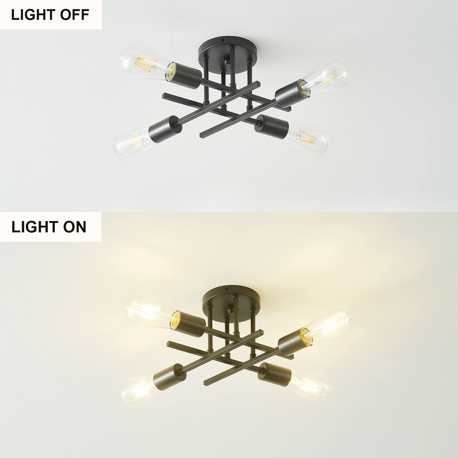 Giutna Modern Semi Flush Mount Ceiling Light Fixture,4-Light Farmhouse Light Fixtures Ceiling Mount,Industrial Chandelier Ceiling Lamp for Living Room Bedroom Kitchen Hallway,Bulb Not Included(Black)