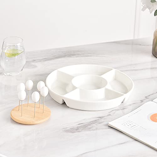 Singkasa Chip & Dip Serving Set Porcelain 4 Sectional Round Divided Serving Platter/Tray with Fruit Insert