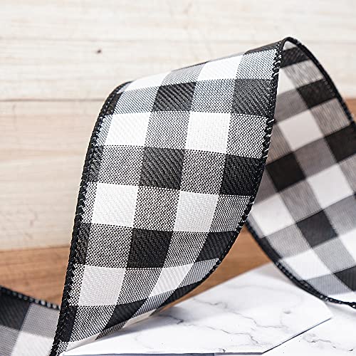 CT CRAFT LLC Plaid Cambridge Gingham Buffalo Wired Ribbon, 2.5" x 50 Yards x 1 Roll - Black with White, for Christmas, Home Decor, Gift Wrapping, Tree Topper Bow, Wreath, DIY Crafts