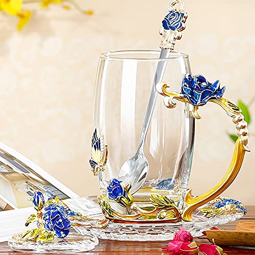 Vivimee 2 Pack Tea Cups with Lids, 12 oz Clear Glass Cups with Spoon Set, Flower Tea Cup Set, Mother's Day Gifts, Glass Tea Cups for Women, Tea Mug for Coffee, Tea, Juice, Milk Hot and Cold Drinks