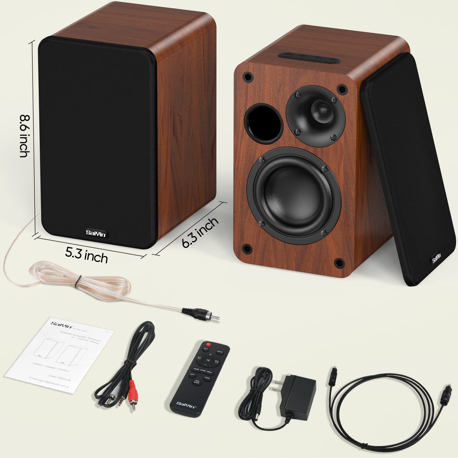 Saiyin Bluetooth Bookshelf Speakers, 30W X 2 Powered TV Speakers with 3.5 Inch Woofer, Turntable Speakers with Optical/AUX/RCA Input for PC and TV