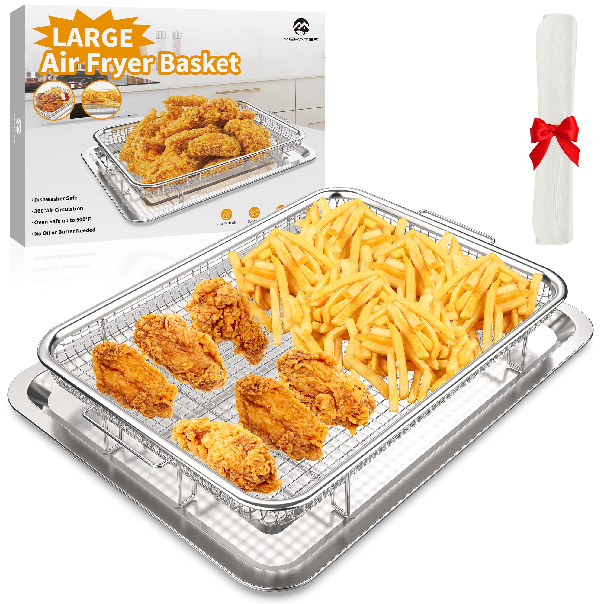 Air Fryer Basket,YEPATER 15.6" x 11.6" Large Oven Air Fryer Basket and Tray,Stainless Steel Non-stick Oven Air Fryer Basket with 30 PCS Parchment Paper,Air Fryer Pan and Crisper Tray for Baking