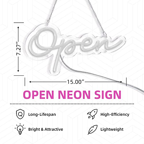 Open Signs for Business, 15"x 7.3" LED Neon Open Sign with Remote ON/OFF Switch Adjustable Brightness Open Neon Signs for Restaurant Bar Salon Stores Hotel Wall Decor Light Open Sign (White)