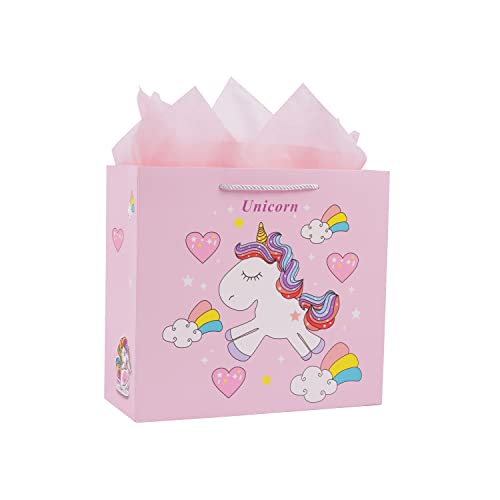 Lyforpyton Large Gift Bags with Tissue Paper 12"x4.7"x10.6" Pink Unicorn Gift Bags for Kids Birthday Party, Baby Shower