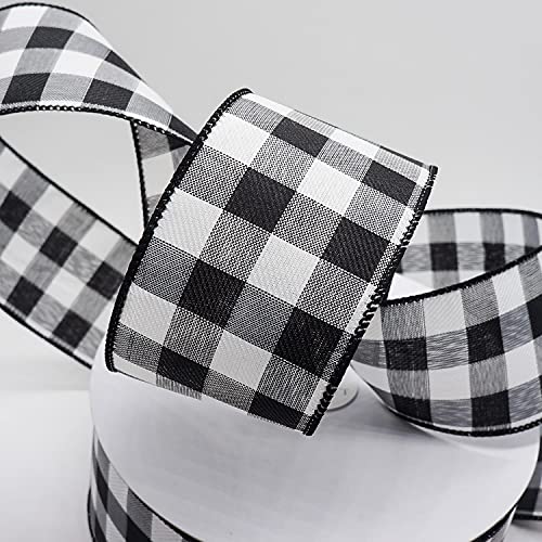 CT CRAFT LLC Plaid Cambridge Gingham Buffalo Wired Ribbon, 2.5" x 50 Yards x 1 Roll - Black with White, for Christmas, Home Decor, Gift Wrapping, Tree Topper Bow, Wreath, DIY Crafts