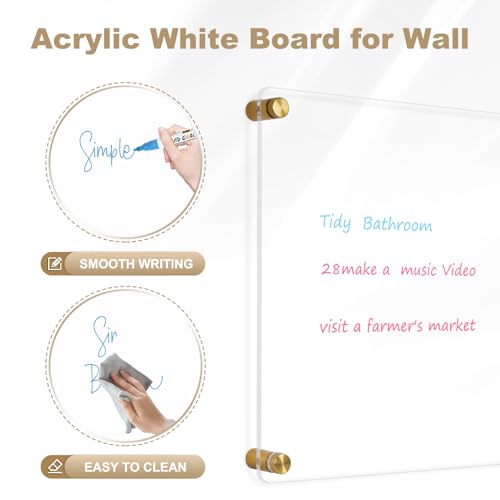 AMUSIGHT Clear Acrylic Dry Erase Board,12" X 12" Golden Non-Magnetic Acrylic White Board for Wall,Clear Erasable Acrylic Board for Office, School or Home,2 Markers